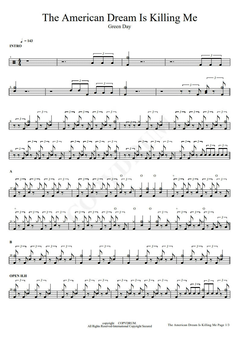 The American Dream Is Killing Me - Green Day - Drum Sheet Music ...