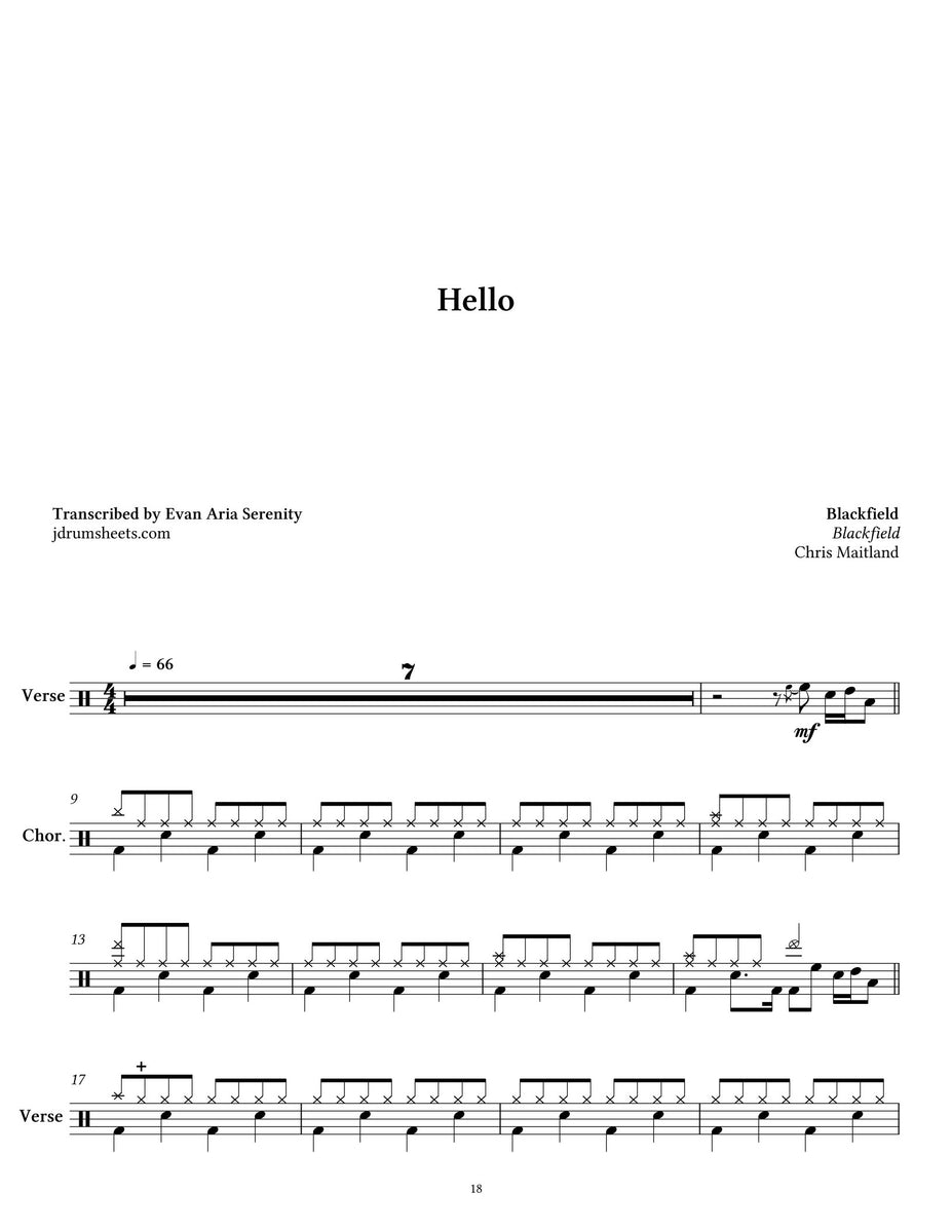 Hello - Blackfield - Drum Sheet Music - Jaslow Drum Sheets ...