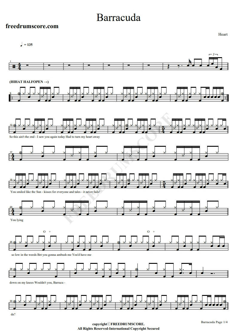 Barracuda - Heart - Drum Sheet Music - COPYDRUM – DrumSetSheetMusic