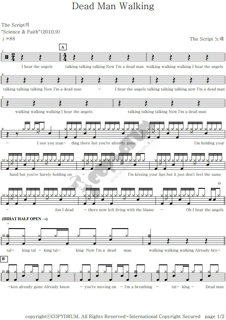 Dead Man Walking - The Script - Drum Sheet Music - COPYDRUM ...