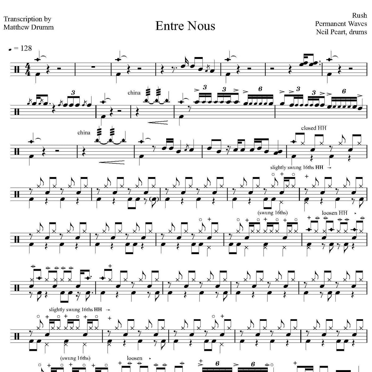 Entre Nous - Rush - Drum Sheet Music - Drumm Transcriptions ...