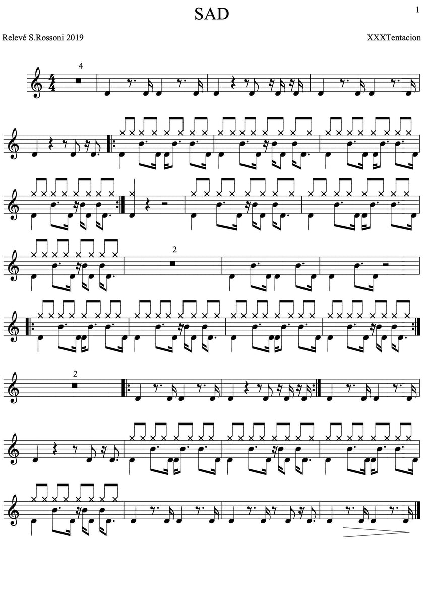 Sad - XXXTentacion - Drum Sheet Music - Rossoni – DrumSetSheetMusic