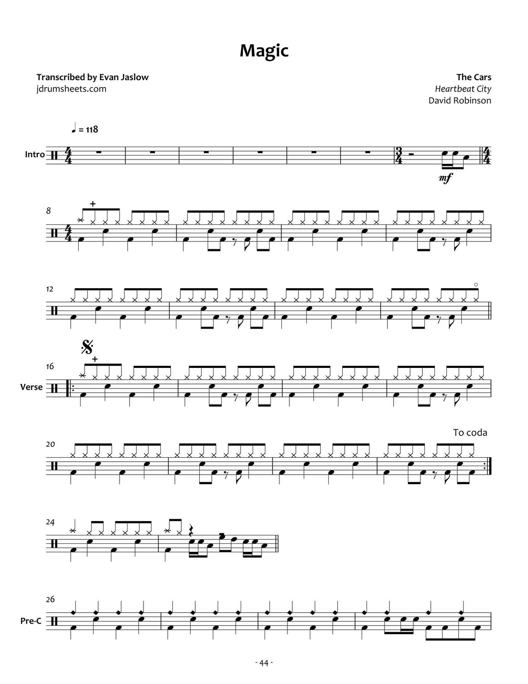 Magic - The Cars - Drum Sheet Music - Jaslow Drum Sheets ...