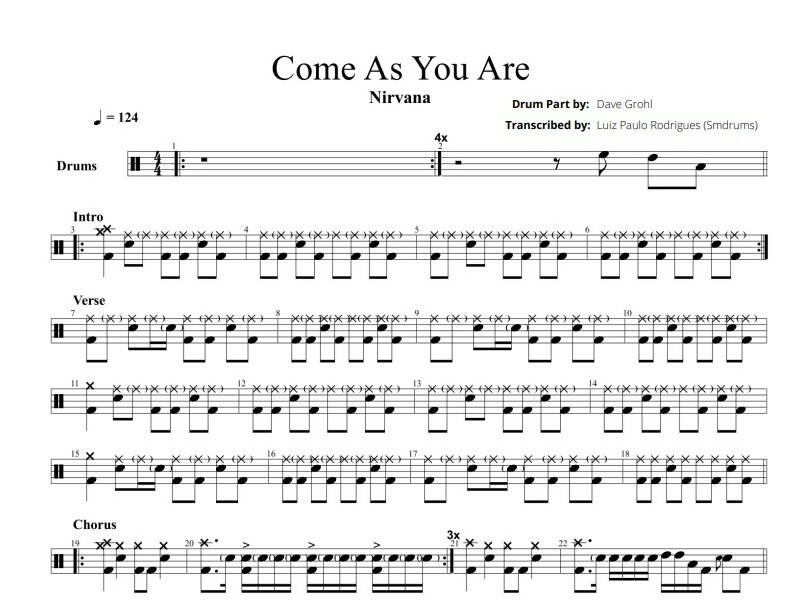 Come As You Are - Nirvana - Full Drum Transcription / Drum Sheet Music ...
