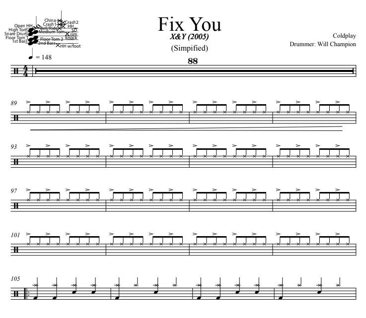 Fix You - Coldplay - Drum Sheet Music - DrumSetSheetMusic.com