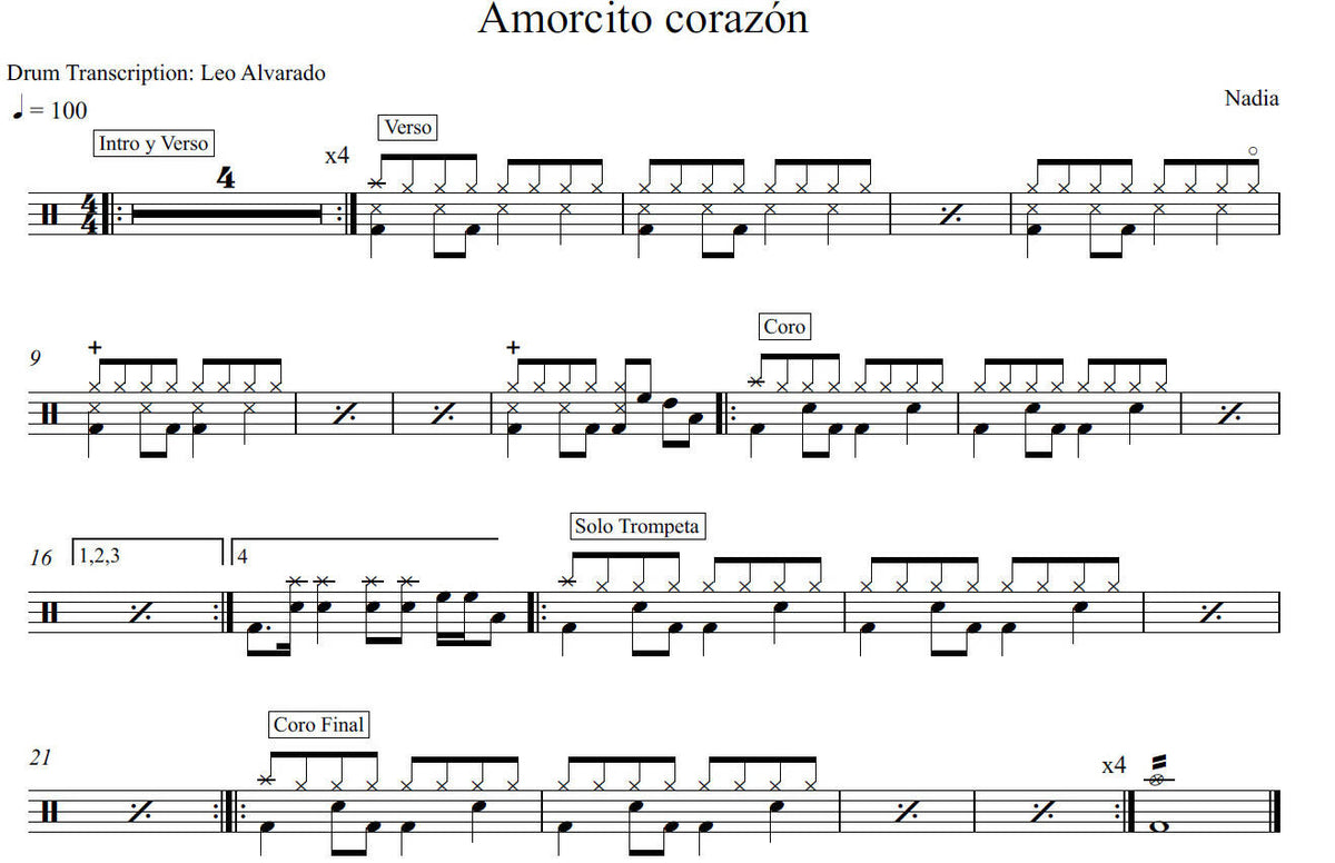 Amorcito Corazón - Nadia - Drum Sheet Music - Leo Alvarado ...