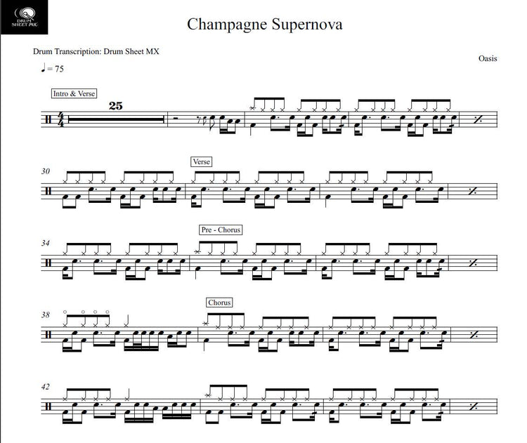 Champagne Supernova - Oasis - Drum Sheet Music - Drum Sheet MX – DrumSetSheetMusic
