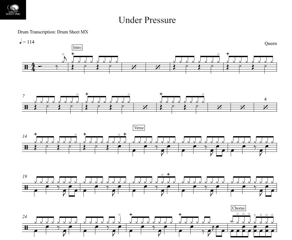 Under Pressure - Queen - Drum Sheet Music - Drum Sheet MX ...