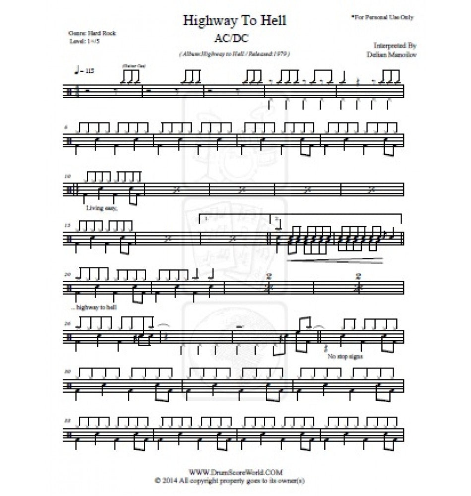 Highway to Hell - AC/DC - Drum Sheet Music - DrumScoreWorld.com ...