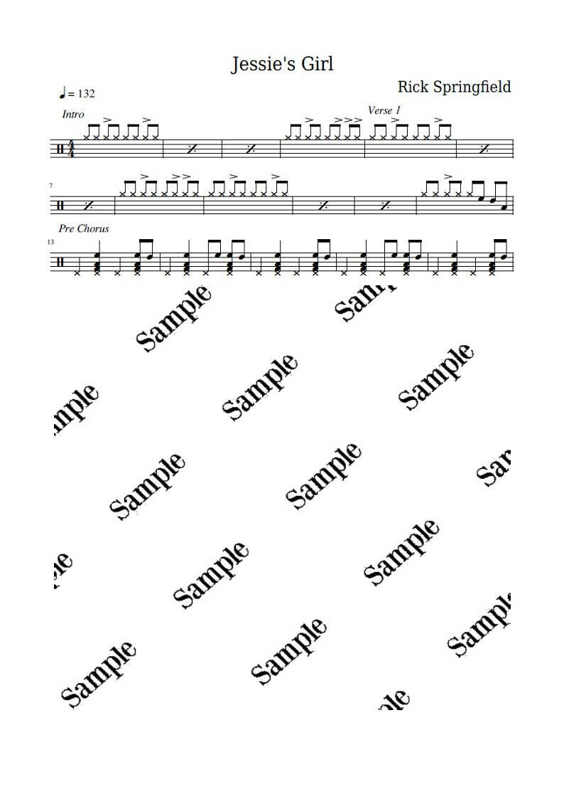 Jessie's Girl - Rick Springfield - Drum Sheet Music - KiwiDrums ...