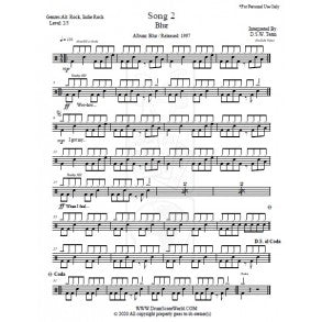 Song 2 - Blur - Drum Sheet Music - DrumScoreWorld.com – DrumSetSheetMusic