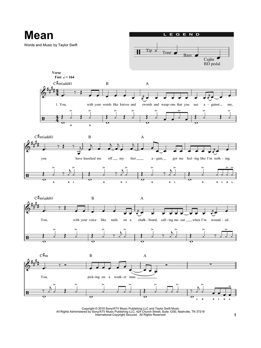 Mean - Taylor Swift - Drum Sheet Music - SheetMusicDirect DT ...