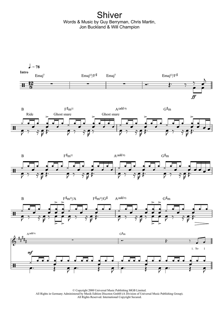 Shiver - Coldplay - Drum Sheet Music - SheetMusicDirect D ...
