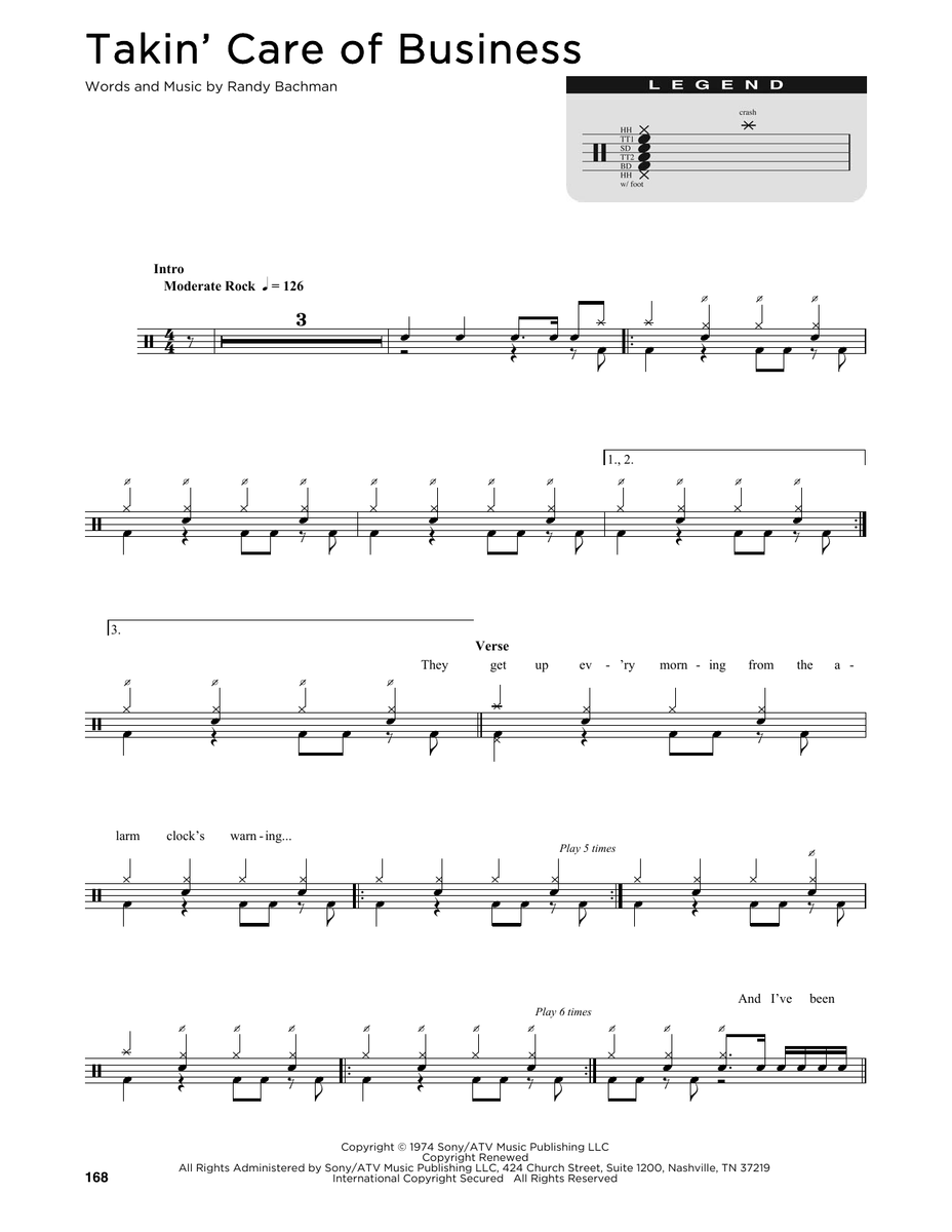 Takin' Care of Business - Bachman Turner Overdrive - Drum Sheet Music - SheetMusicDirect D ...