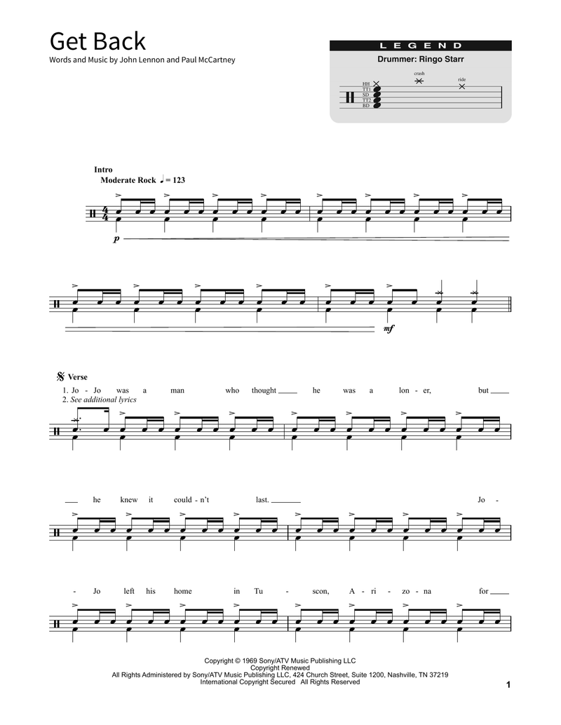 Get Back - The Beatles - Drum Sheet Music - SheetMusicDirect SORD ...