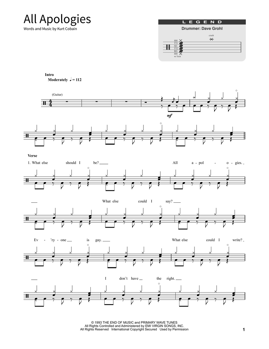 All Apologies - Nirvana - Drum Sheet Music - SheetMusicDirect SORD ...