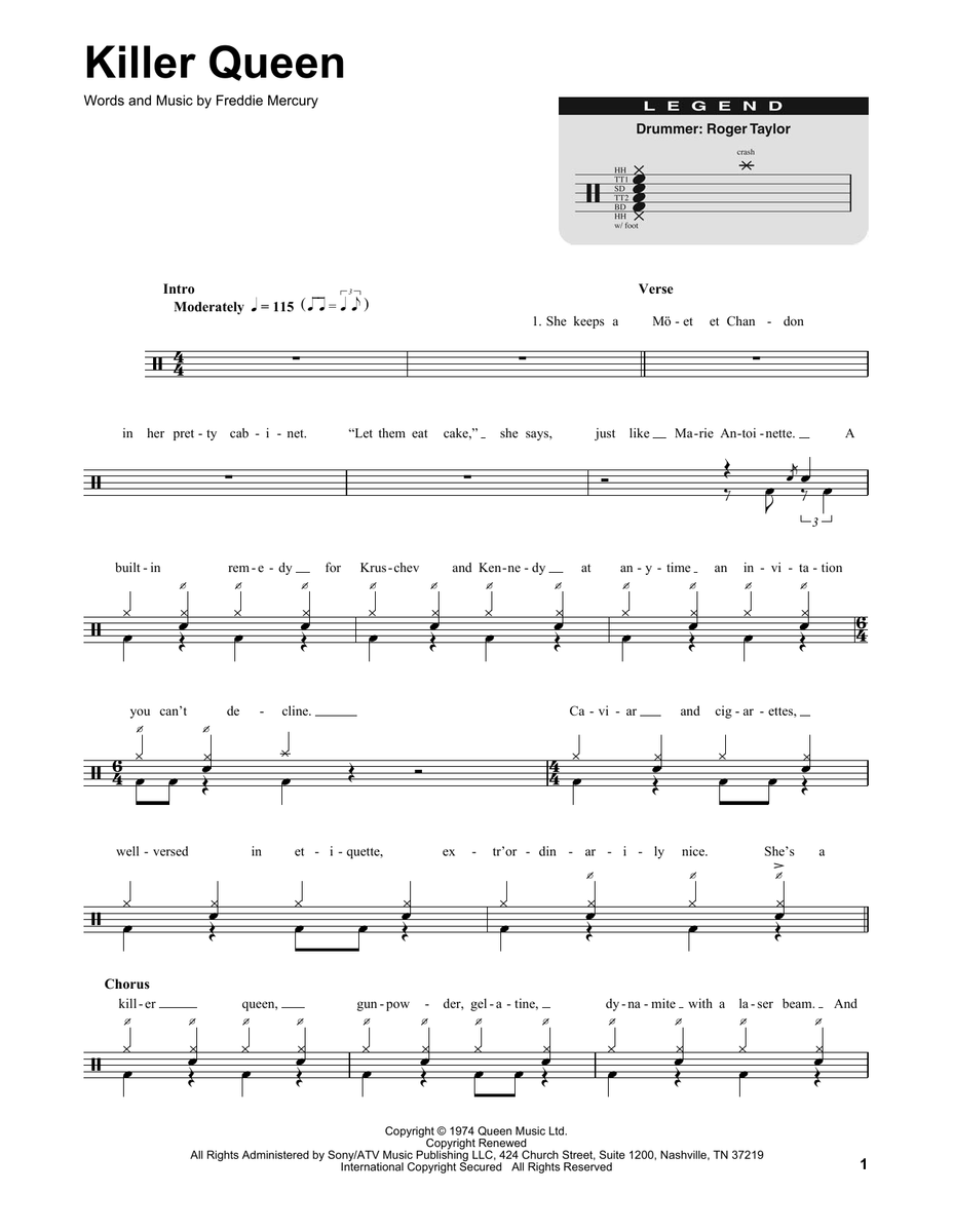 Killer Queen - Queen - Drum Sheet Music - SheetMusicDirect DT ...