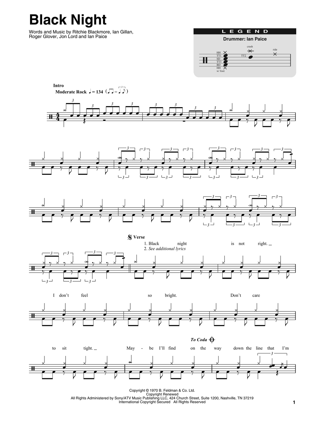 Black Night - Deep Purple - Drum Sheet Music - SheetMusicDirect DT ...