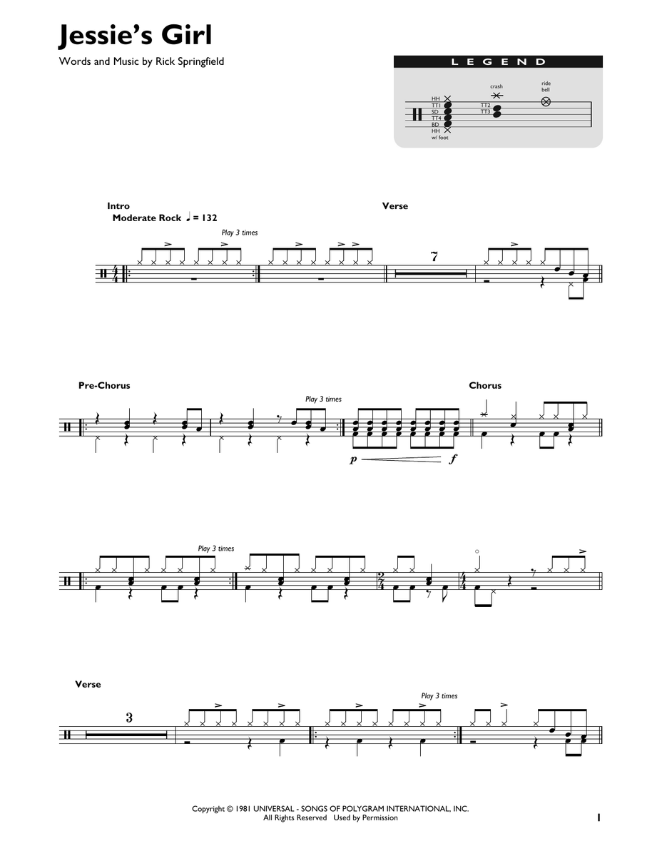 Jessie's Girl - Rick Springfield - Drum Sheet Music - SheetMusicDirect ...