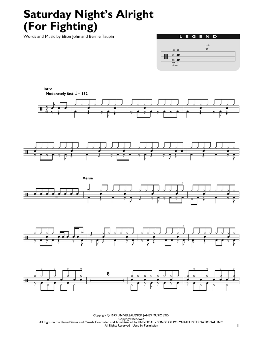Saturday Night's Alright (For Fighting) - Elton John - Drum Sheet Music ...