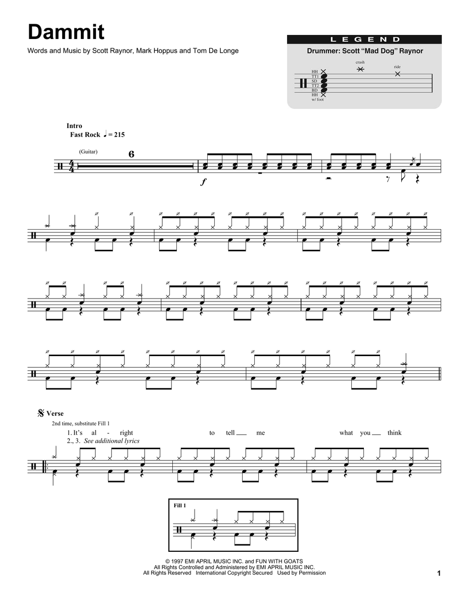 Dammit - Blink 182 - Drum Sheet Music - SheetMusicDirect DT174827 ...