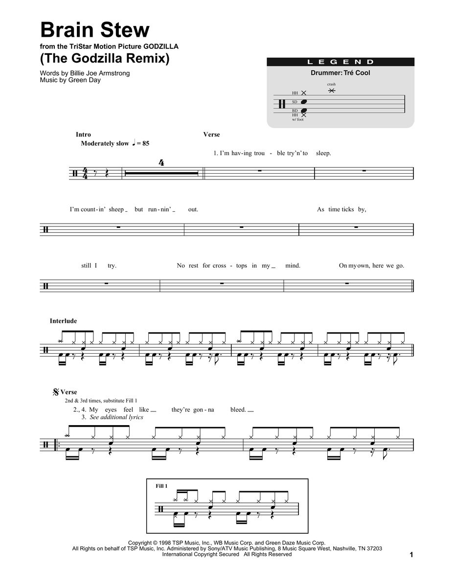 Brain Stew (The Godzilla Remix) - Green Day - Drum Sheet Music ...