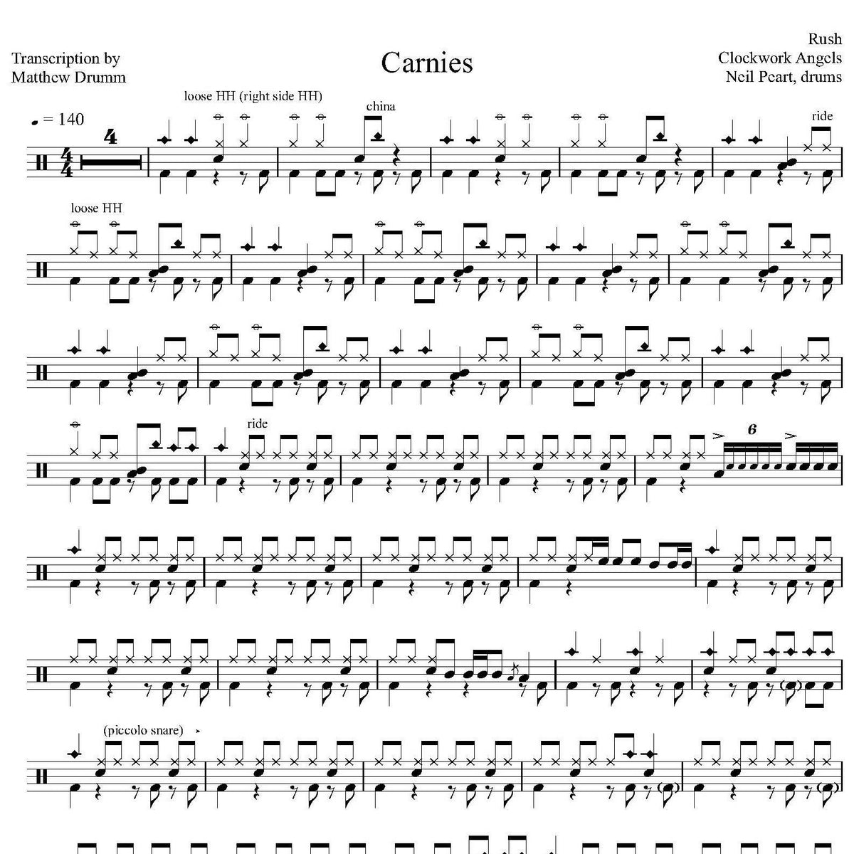 Carnies - Rush - Drum Sheet Music - Drumm Transcriptions ...