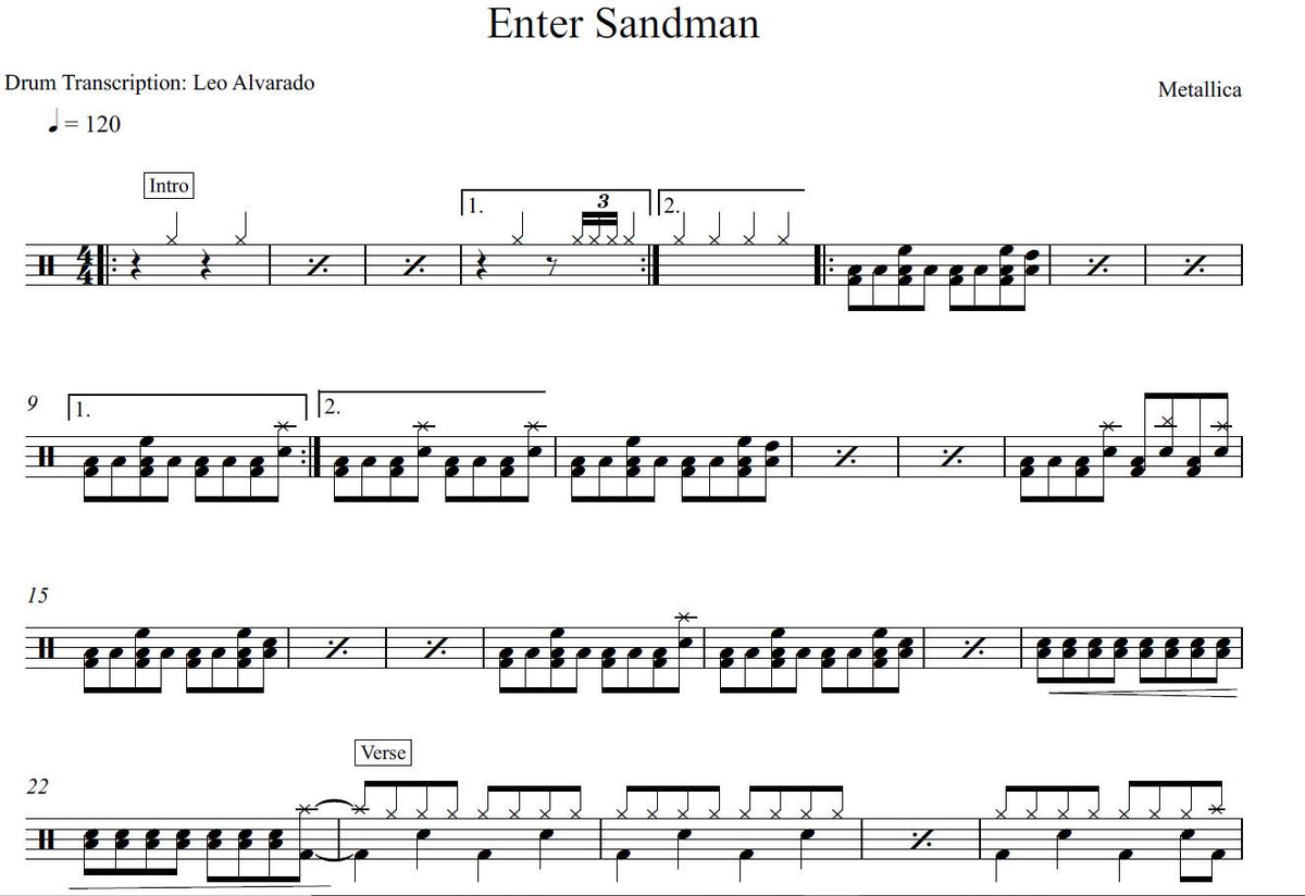 Enter Sandman - Metallica - Drum Sheet Music - Leo Alvarado ...