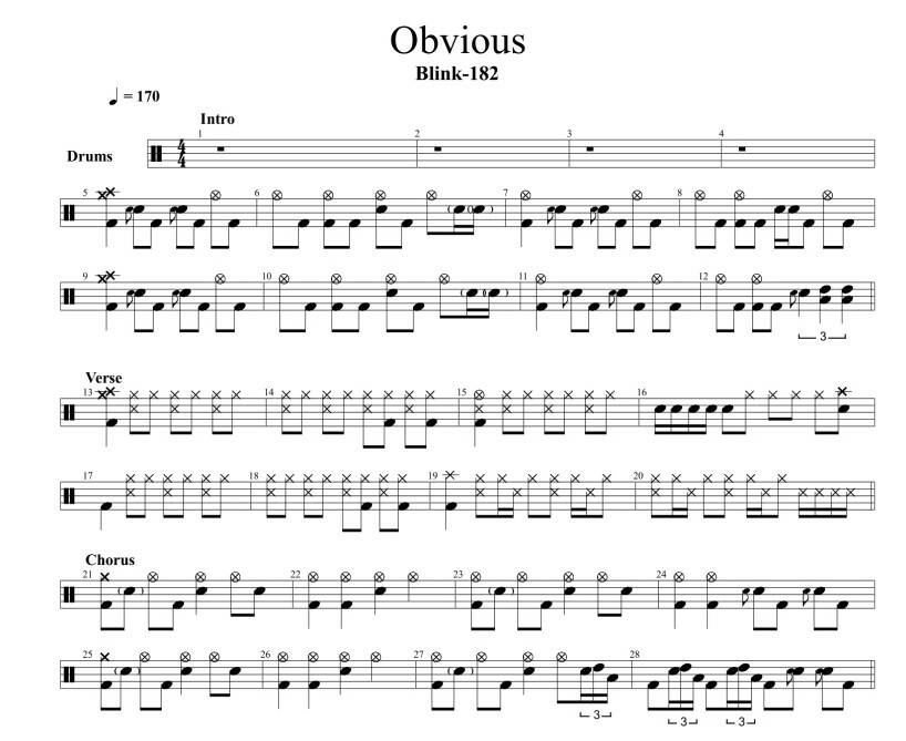 Obvious - Blink 182 - Drum Sheet Music - Smdrums – DrumSetSheetMusic