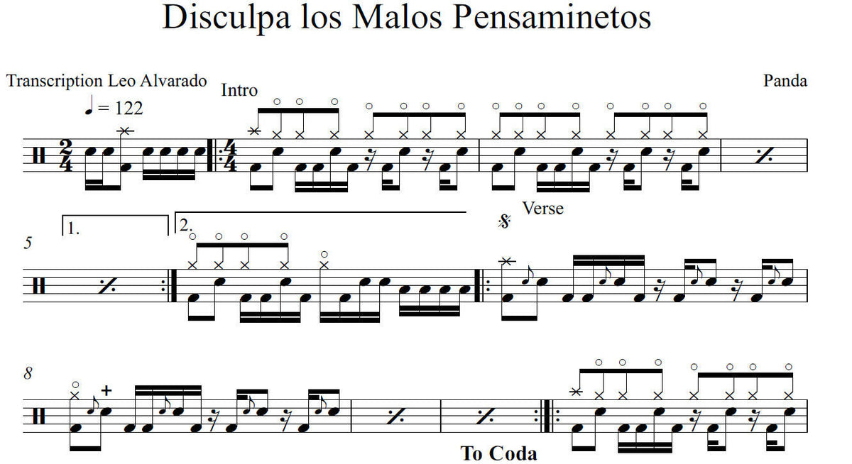 Disculpa los Malos Pensamientos - Panda - Drum Sheet Music - Leo ...