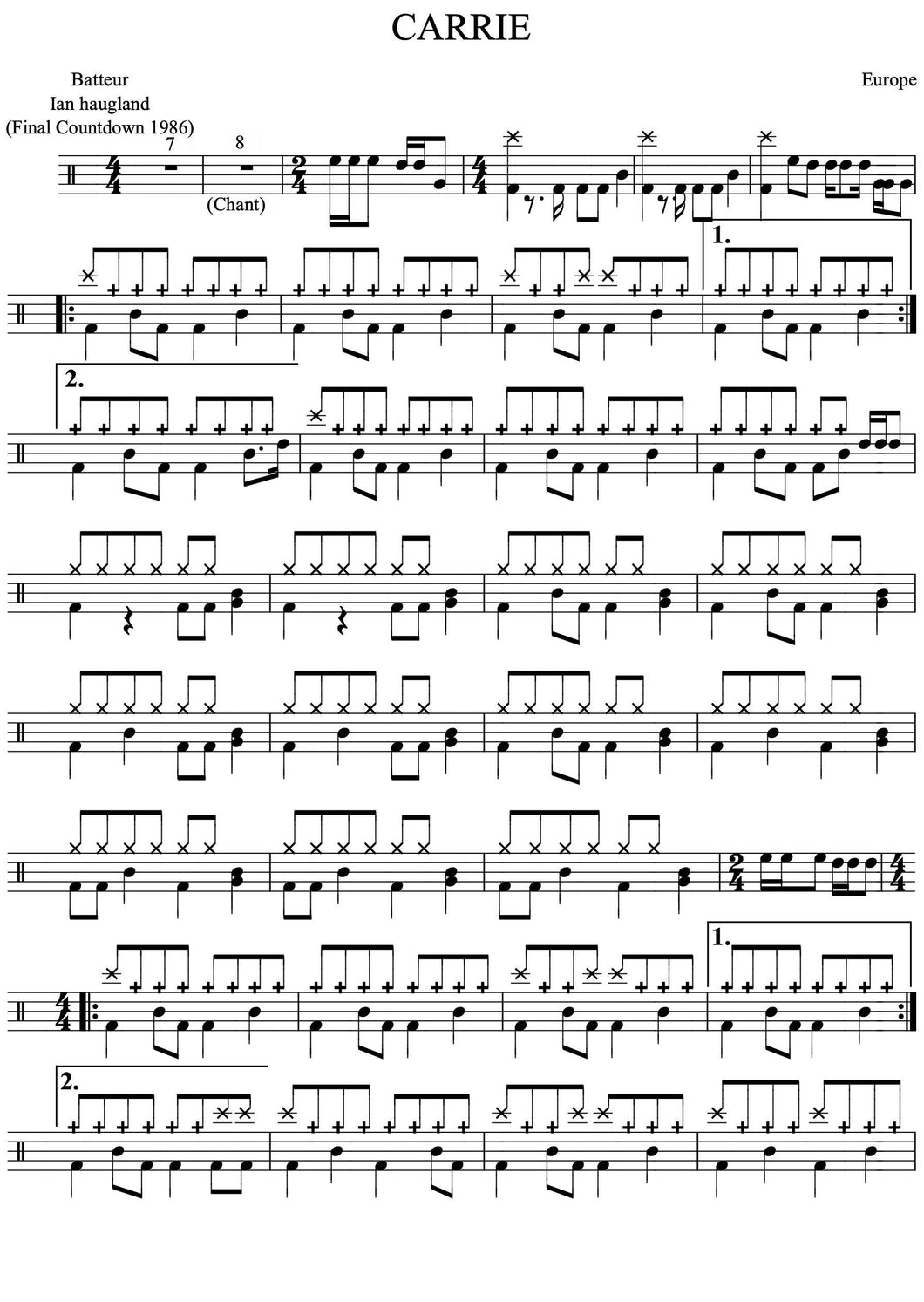 Carrie - Europe - Drum Sheet Music - Rossoni – DrumSetSheetMusic