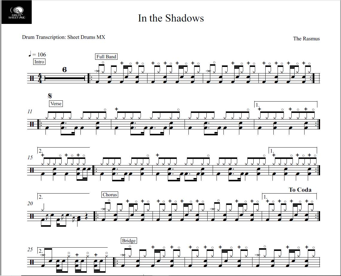 In the Shadows - The Rasmus - Drum Sheet Music - Drum Sheet MX ...