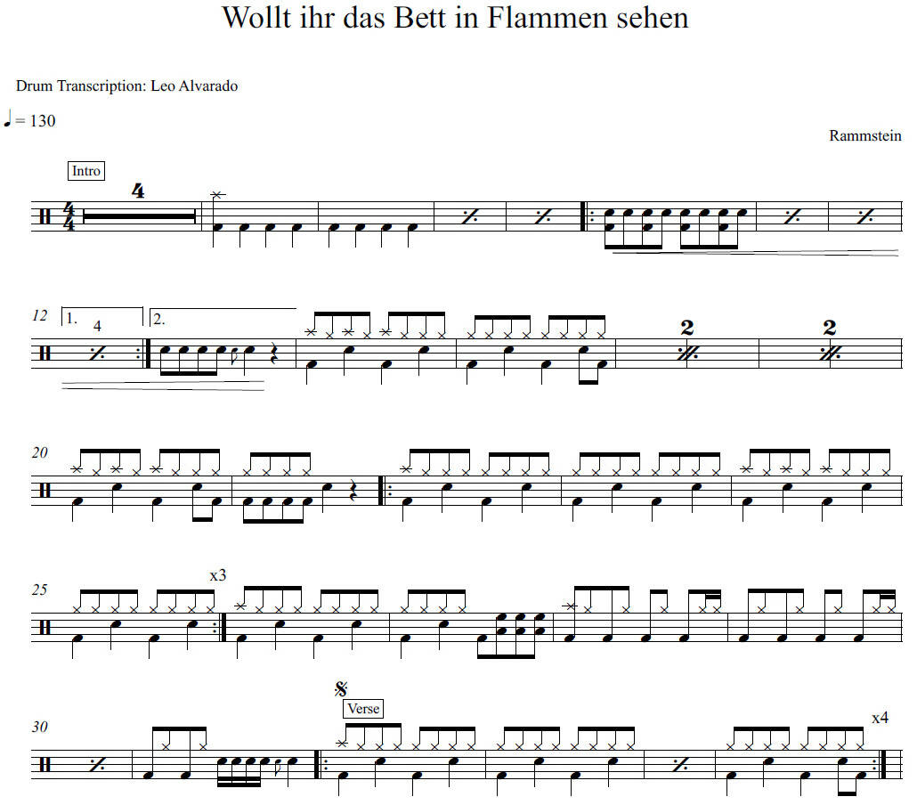 Wollt ihr das Bett in Flammen Sehen - Rammstein - Drum Sheet Music ...