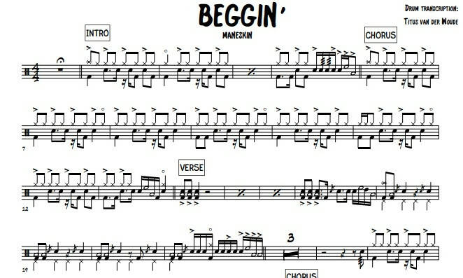 Beggin' - Måneskin - Drum Sheet Music - Titus van der Woude ...