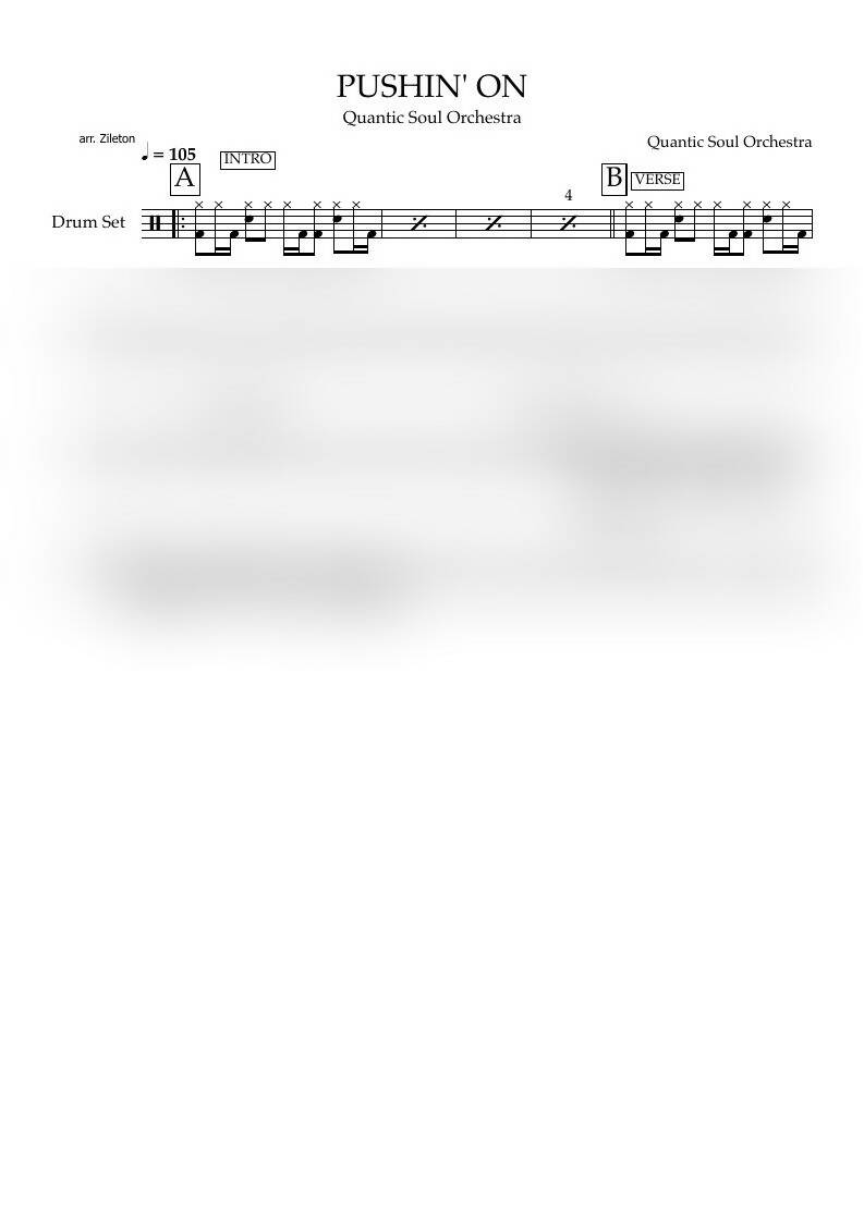 Pushin' On - Quantic Soul Orchestra - Drum Sheet Music - Nicolas ...