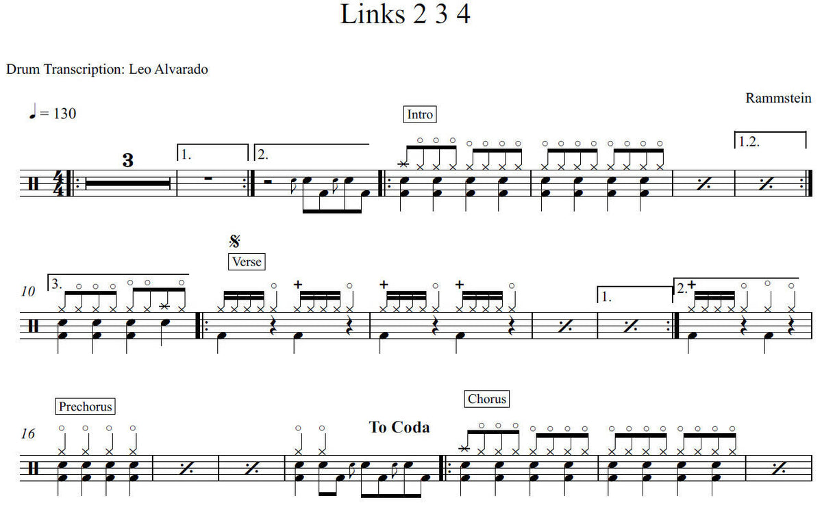 Links 2 3 4 - Rammstein - Drum Sheet Music - Leo Alvarado ...