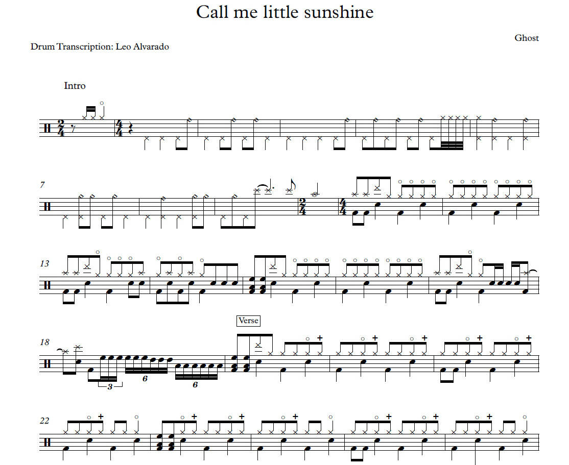 Call Me Little Sunshine - Ghost - Drum Sheet Music - Leo Alvarado ...