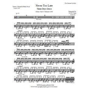 Never Too Late - Three Days Grace - Drum Sheet Music - DrumScoreWorld ...