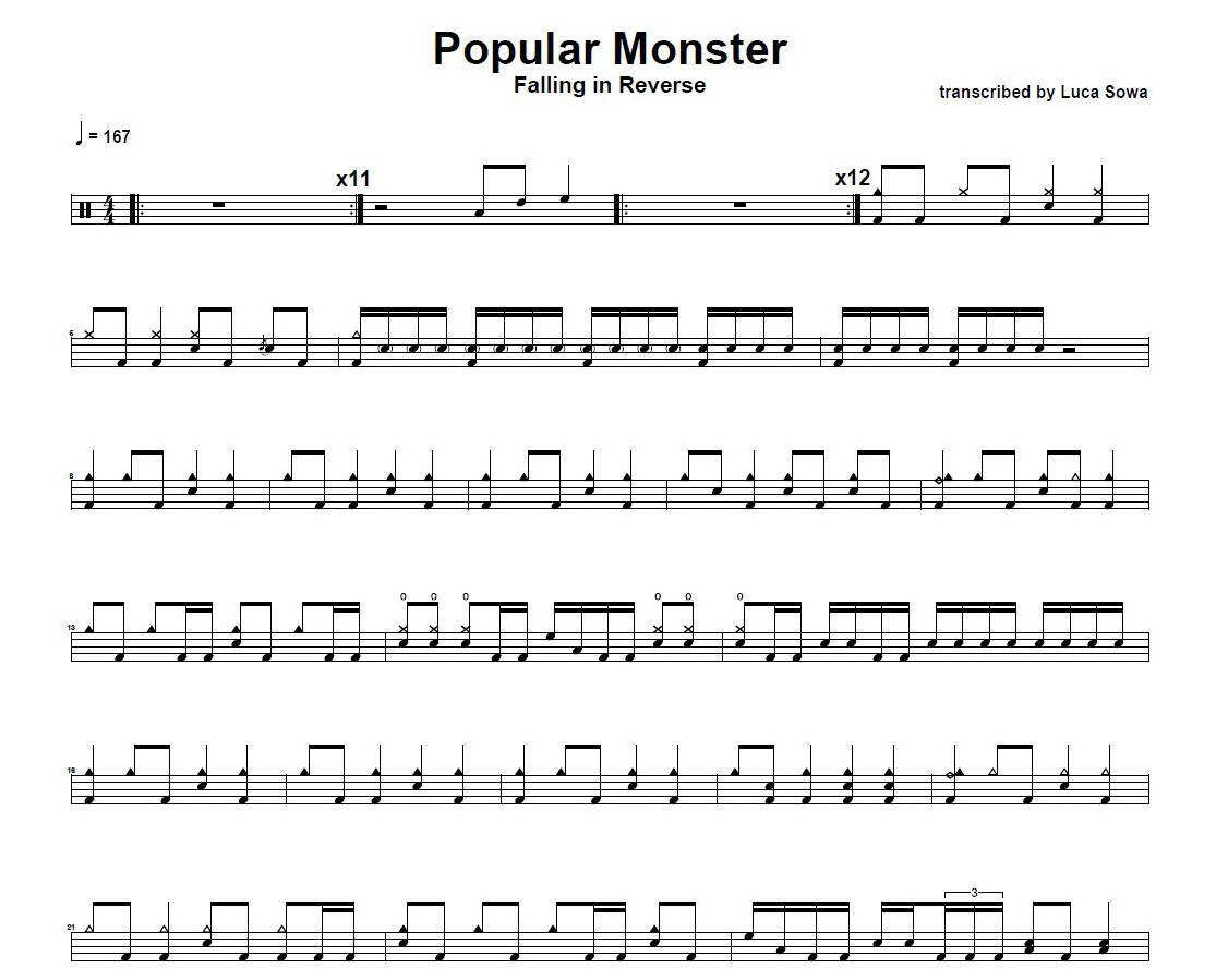 Popular Monster - Falling in Reverse - Drum Sheet Music - Luca Sowa ...