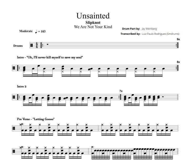 Unsainted - Slipknot - Drum Sheet Music - Smdrums – DrumSetSheetMusic