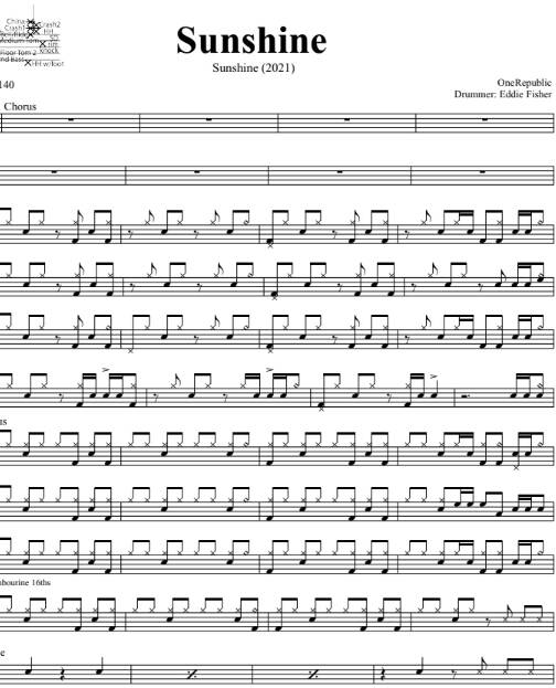 Sunshine - OneRepublic - Drum Sheet Music - DrumSetSheetMusic.com