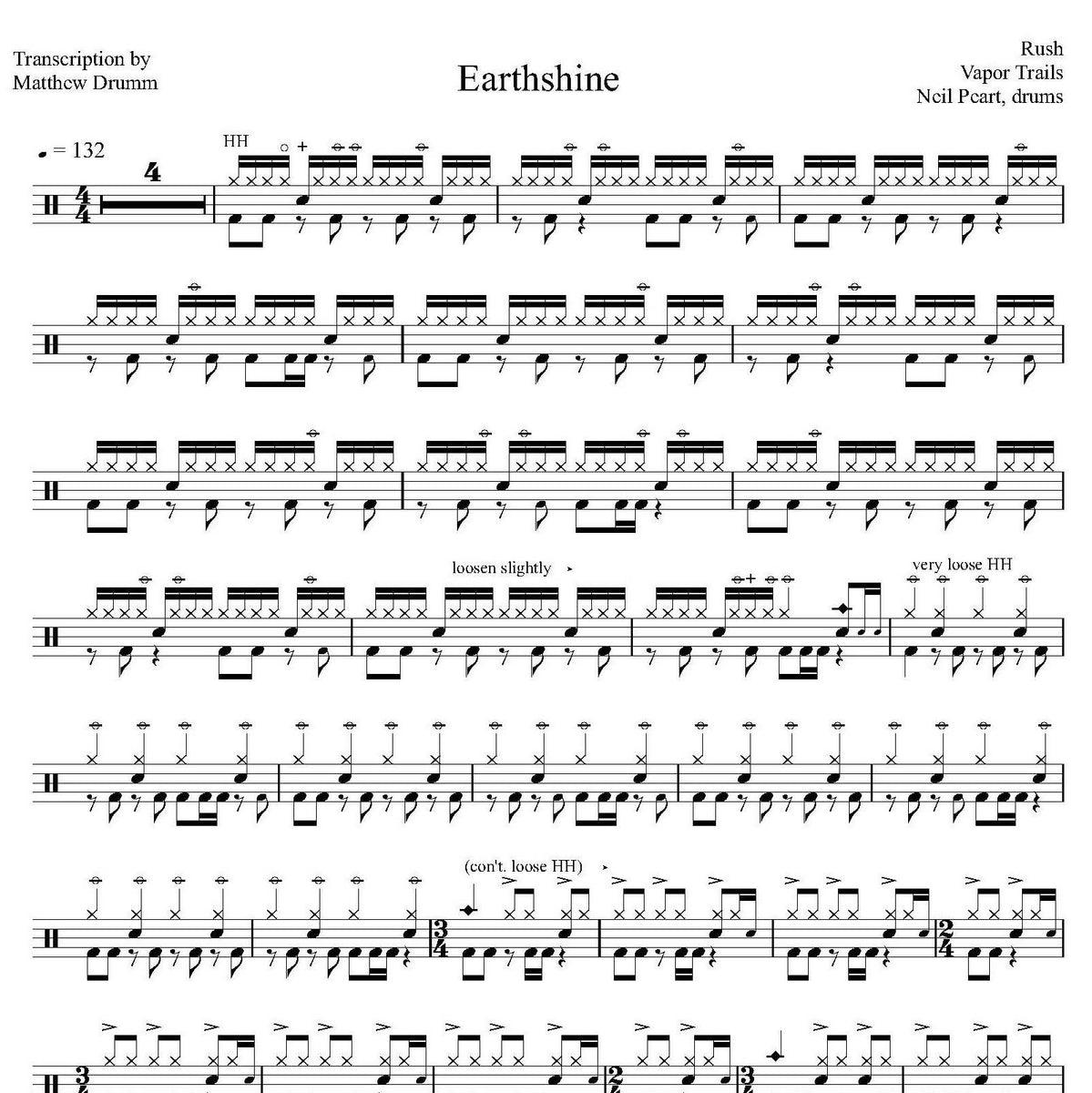 Earthshine - Rush - Drum Sheet Music - Drumm Transcriptions ...