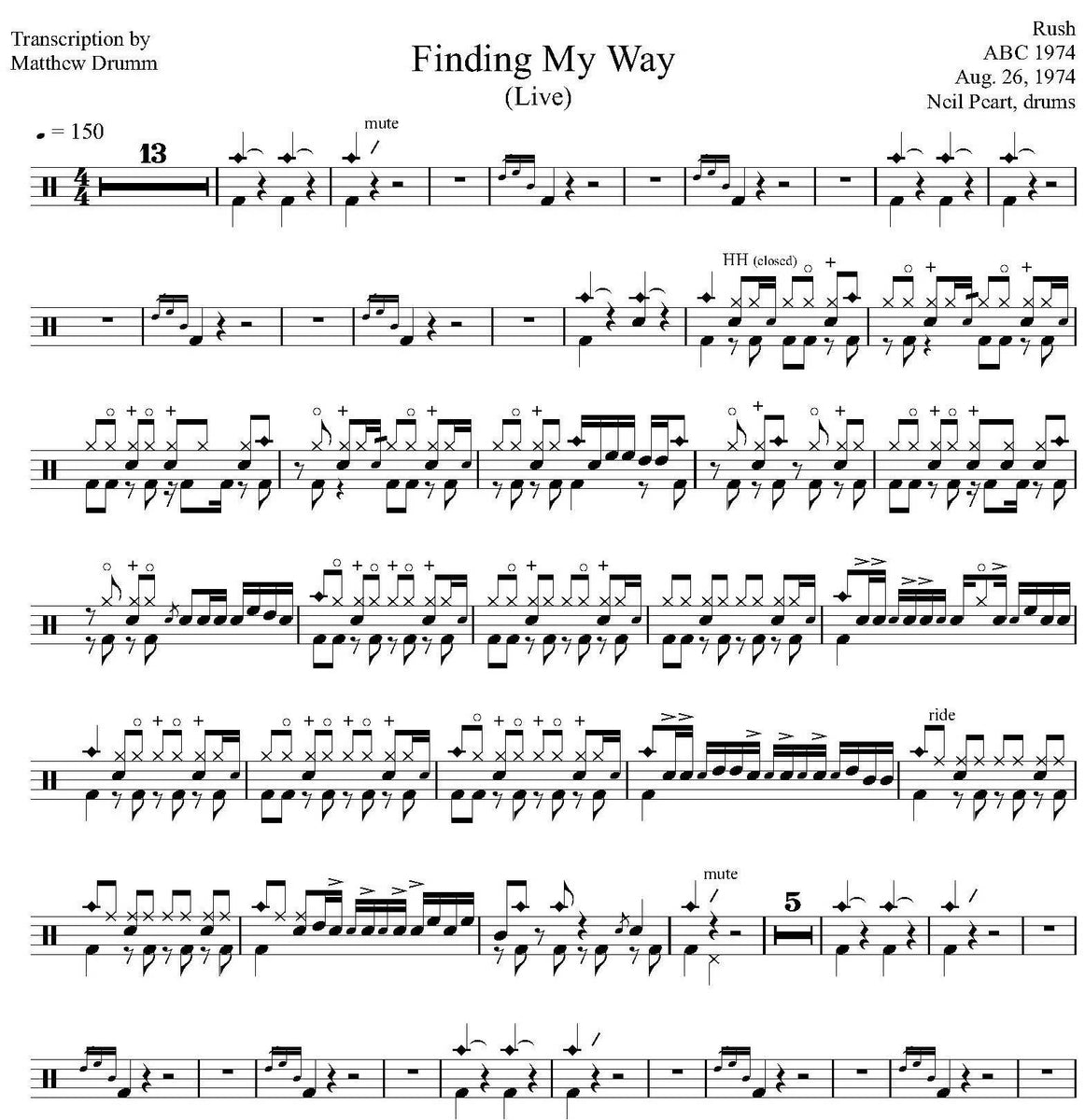 Finding My Way (Live in Cleveland from ABC 1974) - Rush - Drum Sheet ...
