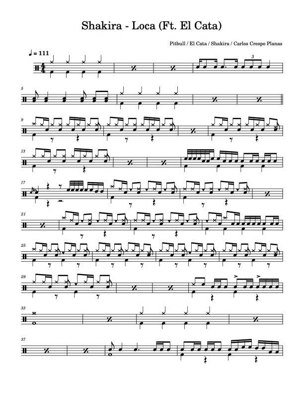 Loca (feat. El Cata) - Shakira - Drum Sheet Music - Carlos Dias-Aidos ...