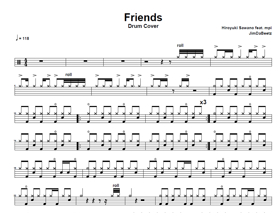 Friends - SawanoHiroyuki[nZk] (澤野弘之) - Drum Sheet Music - JimDaBeetz ...