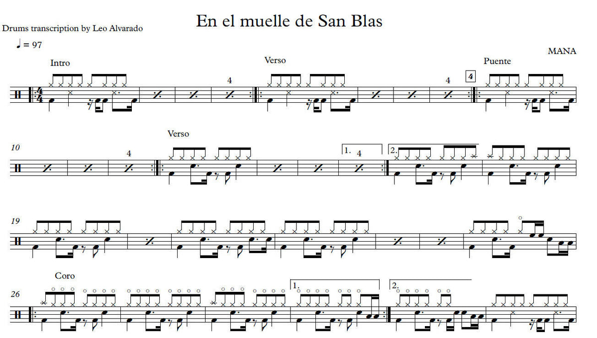 En el Muelle de San Blas - Maná - Drum Sheet Music - Leo Alvarado ...