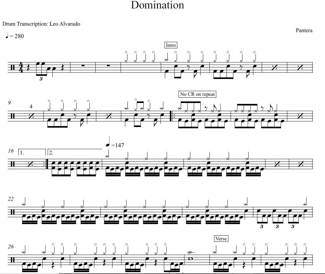 Domination - Pantera - Drum Sheet Music - Leo Alvarado – DrumSetSheetMusic