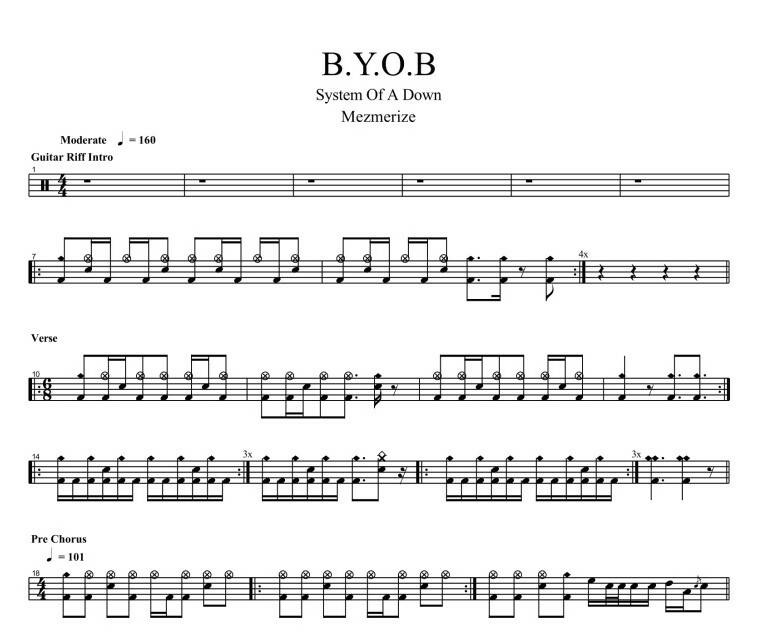 B.Y.O.B. - System of a Down - Drum Sheet Music - Smdrums ...