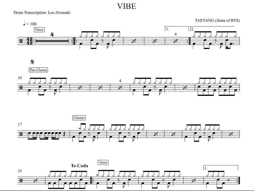 Vibe (feat. Jimin of BTS) - Taeyang - Drum Sheet Music - Leo Alvarado – DrumSetSheetMusic