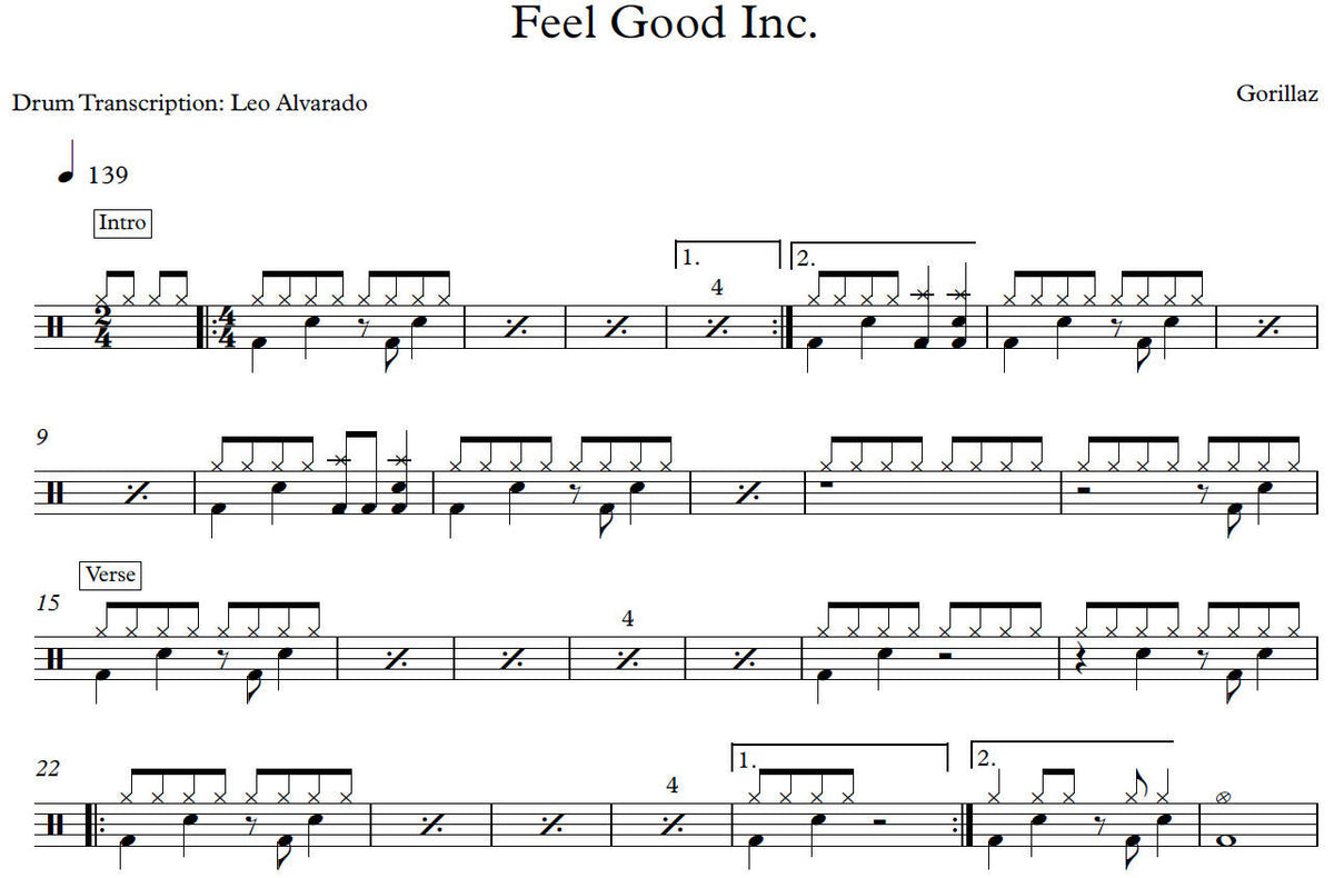 Feel Good Inc. - Gorillaz - Drum Sheet Music - Leo Alvarado ...